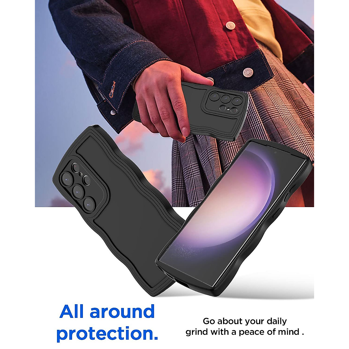 AICase Cute Solid Color Curly Wave Frame Soft Compatible with Samsung Galaxy Phone Case (Black, Galaxy S20 Ultra)