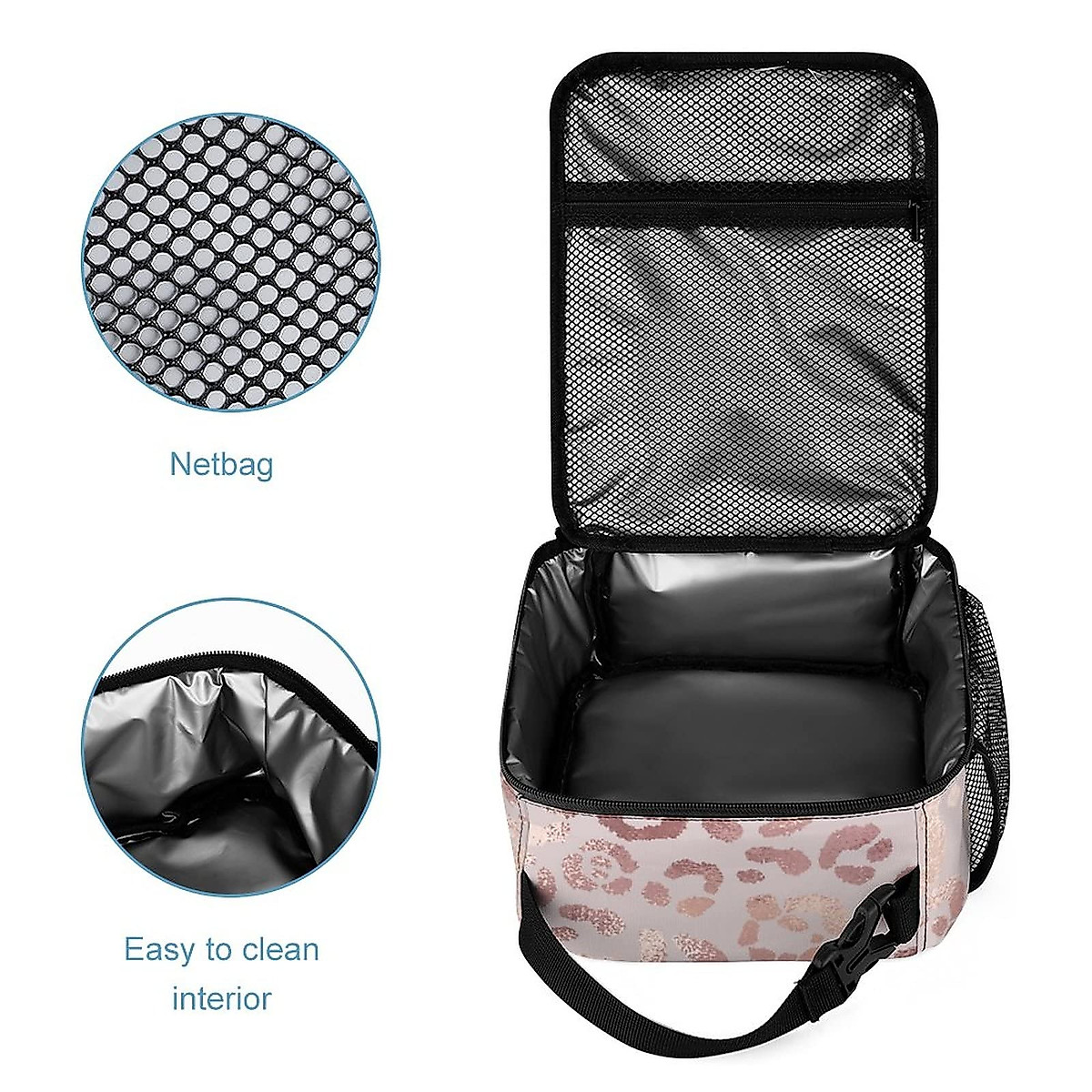 MINBHEBYUD Leopard Skin Rose Gold Lunch Bag for Men Women, Insulated Lunch Bags for Office Work, Reusable Portable Lunch Box