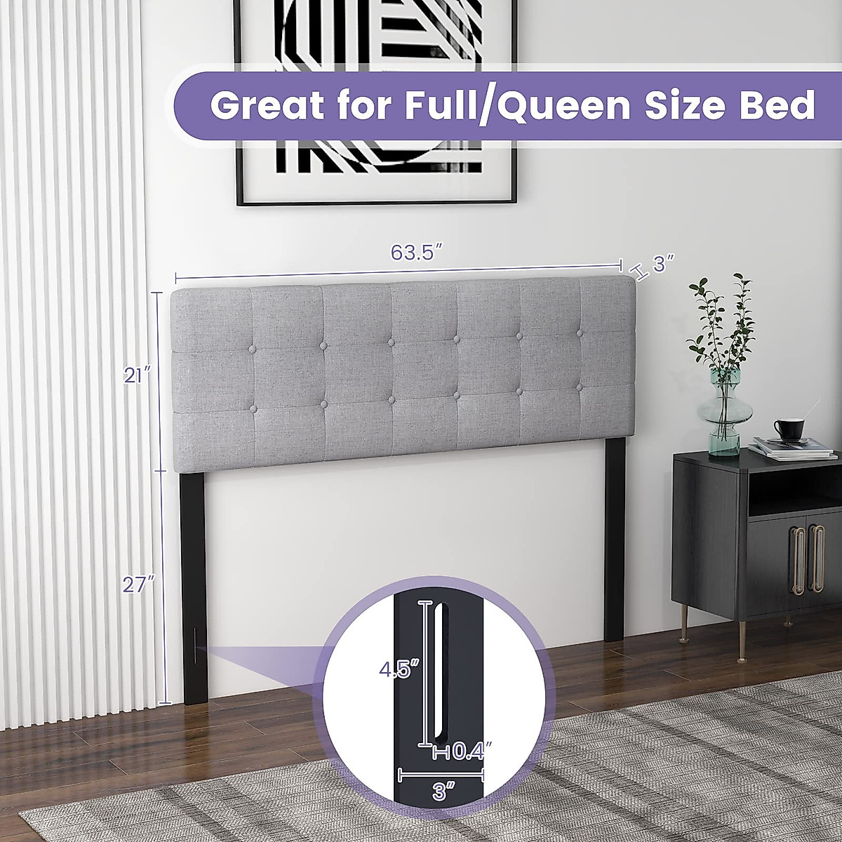 KOMFOTT Linen Upholstered Headboard for Full & Queen Size Bed Frame, Modern Tufted Button Bed Headboard with Solid Rubber Wood Legs, Rectangular Headboard with Adjustable Width, Gray