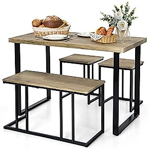 COSTWAY 4 Piece Dining Table Set, Modern Counter Height Kitchen Table Set for 4 w/Bench & 2 Stools, Sturdy Iron Structure, Space-Saving Dining Table and Chair Set for Home Pub Breakfast, Oak Grey