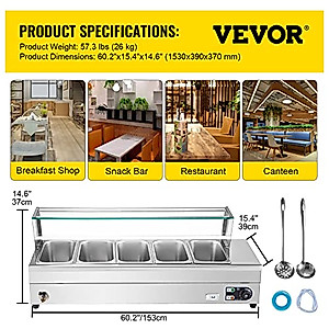 VEVOR Commercial Food Warmer, 5 x 1/2 Pans, 44 Qt Electric Bain Marie with 6" Deep Pans, Stainless Steel Steam Table with Tempered Glass Shield, 1500W Countertop Buffet Warmer with Lids & Ladles, 110V