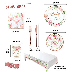 Rose Gold Baby Shower Plates and Napkins Girl - Serves 16 - Includes Baby Girl Plates Cups Napkins Knifes Forks Floral Baby Shower Decorations for Girl Baby Shower Favor Decor Party Supplies
