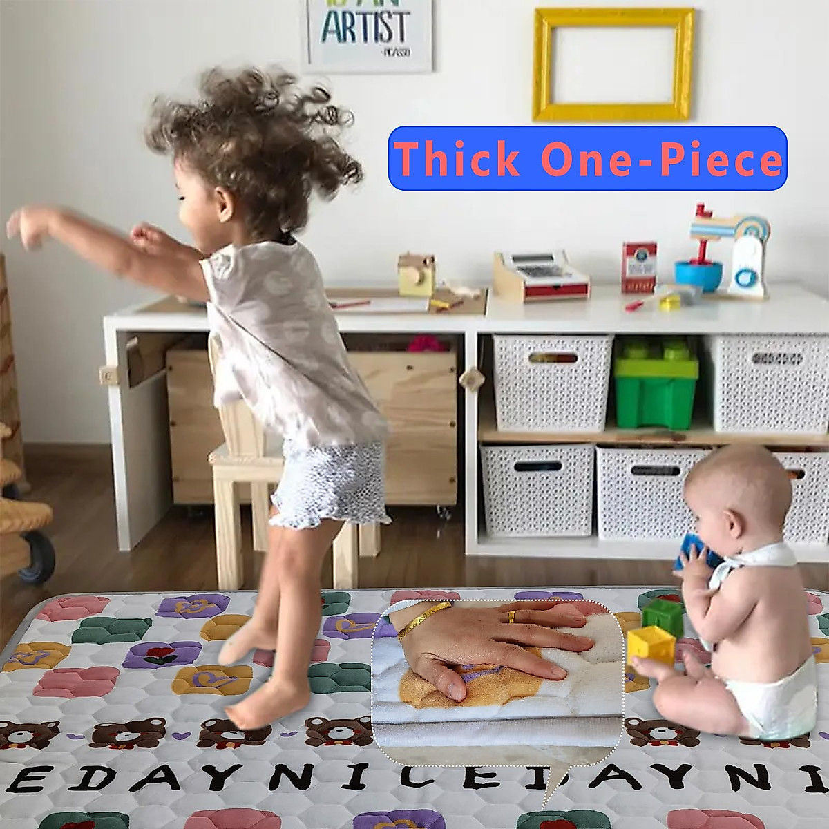 YANGSHILEI Playpen Mat 50x50, Thick One-Piece Crawling, Non-Slip Cushioned Baby Playmat for Infants,Babies,Toddlers, Coral Velvet Play Mat Machine Washable for Easy Storage(Pink Bear)