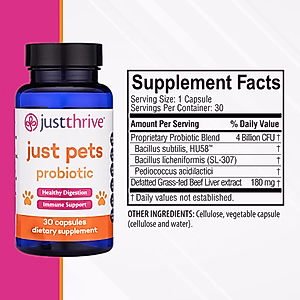 Just Thrive Just Pets Probiotic - Daily Digestive Probiotics for Dogs and Cats - 4 Billion CFUs Pet Probiotic, 30 Capsules