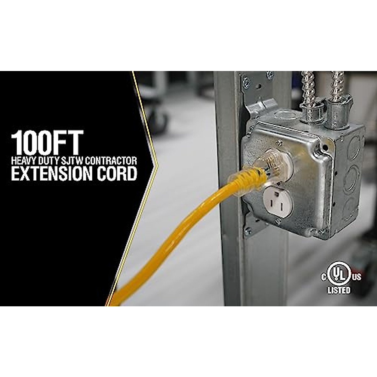 Yellow Jacket 2885 12/3 Heavy-Duty 15-Amp Premium SJTW Contractor Extension Cord with Lighted End, Ideal use With Heavy Duty Equipment and Tools, Durable Molded Plugs, 100 Feet, Yellow