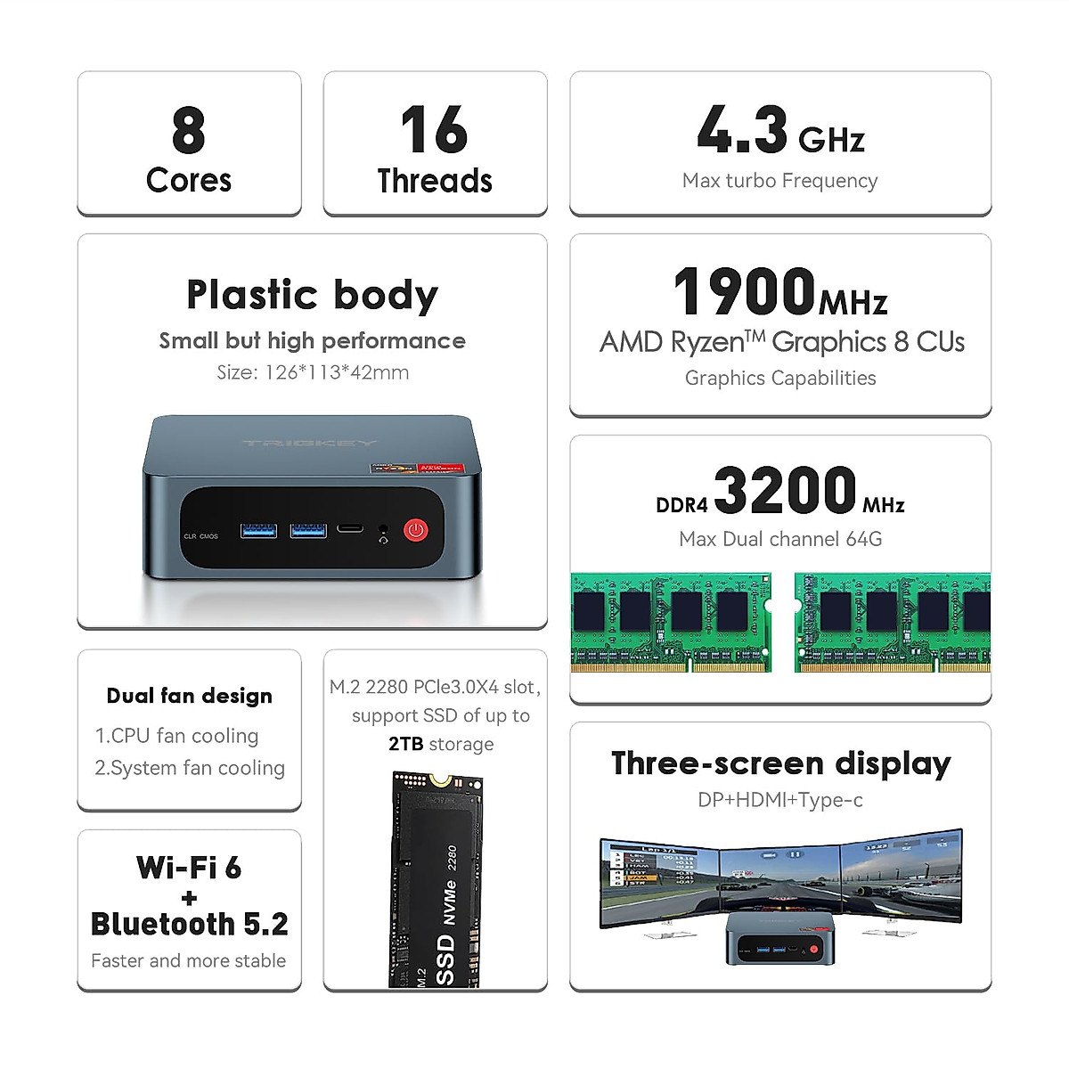 TRIGKEY Mini PC Ryzen 7 S5 5700U(8 Cores, 16 Threads) Mini Computer 32GB DDR4 500GB M.2 NVME(Max 3000MB/S) SSD Gaming S5 Mini Computer OS Pro. Wi-Fi 6/Bluetooth 5.2/4K@60Hz/HDMI+DP/USB 3.0 Micro PC