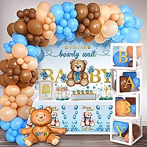 Winrayk 179Pcs Teddy Bear Baby Shower Decorations Boy Baby Boxes with Letters Brown Blue Balloon Arch Kit We Can Bearly Wait Backdrop Tablecloth Bear Balloon Birthday Party Boy Baby Shower Decorations