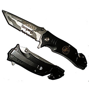 Black Handle Camo Blade SEMPER FI U.S. MARINES SPRING ASSISTED RESCUE POCKET KNIFE WITH GLASS BREAKER