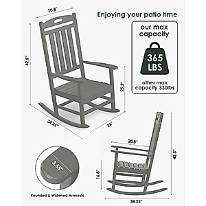Adiromoti Outdoor Rocking Chair, All-Weather Resistant Poly Lumber Rocker Chair Outdoor, High Back Plastic Patio Rocking Chairs for Outside Porch Rocker Garden Lawn, Slate Grey