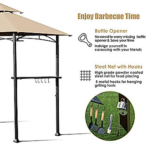 Tangkula 8' x 5' Grill Gazebo, Outdoor Patio Barbecue Gazebo Shelter with LED Lights, 2-Tier Canopy Top Cover Grill Gazebo with Sturdy Steel Frame, Ideal for Gatherings, Parties (Khaki)