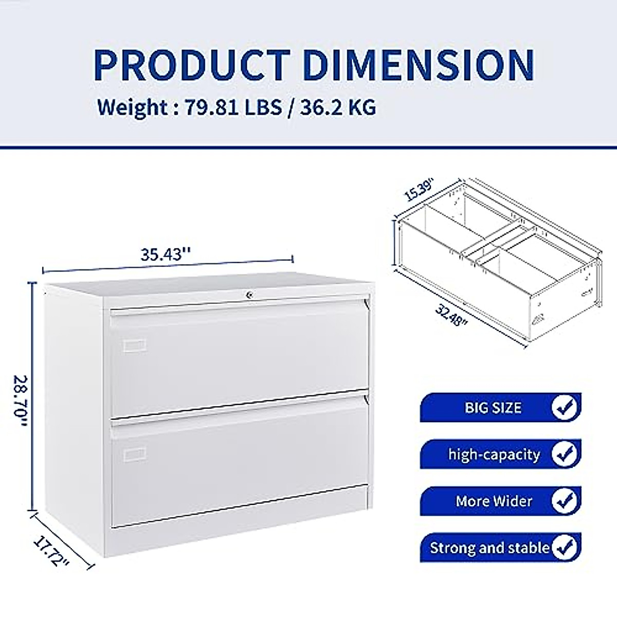 2 Drawer Office Lateral File Cabinets with Lock,Metal Filing Cabinets for Home Office,Locking Steel Storage Wide Office Vertical Files Cabinet for Legal/Letter A4 Size,Office Organizer (White)