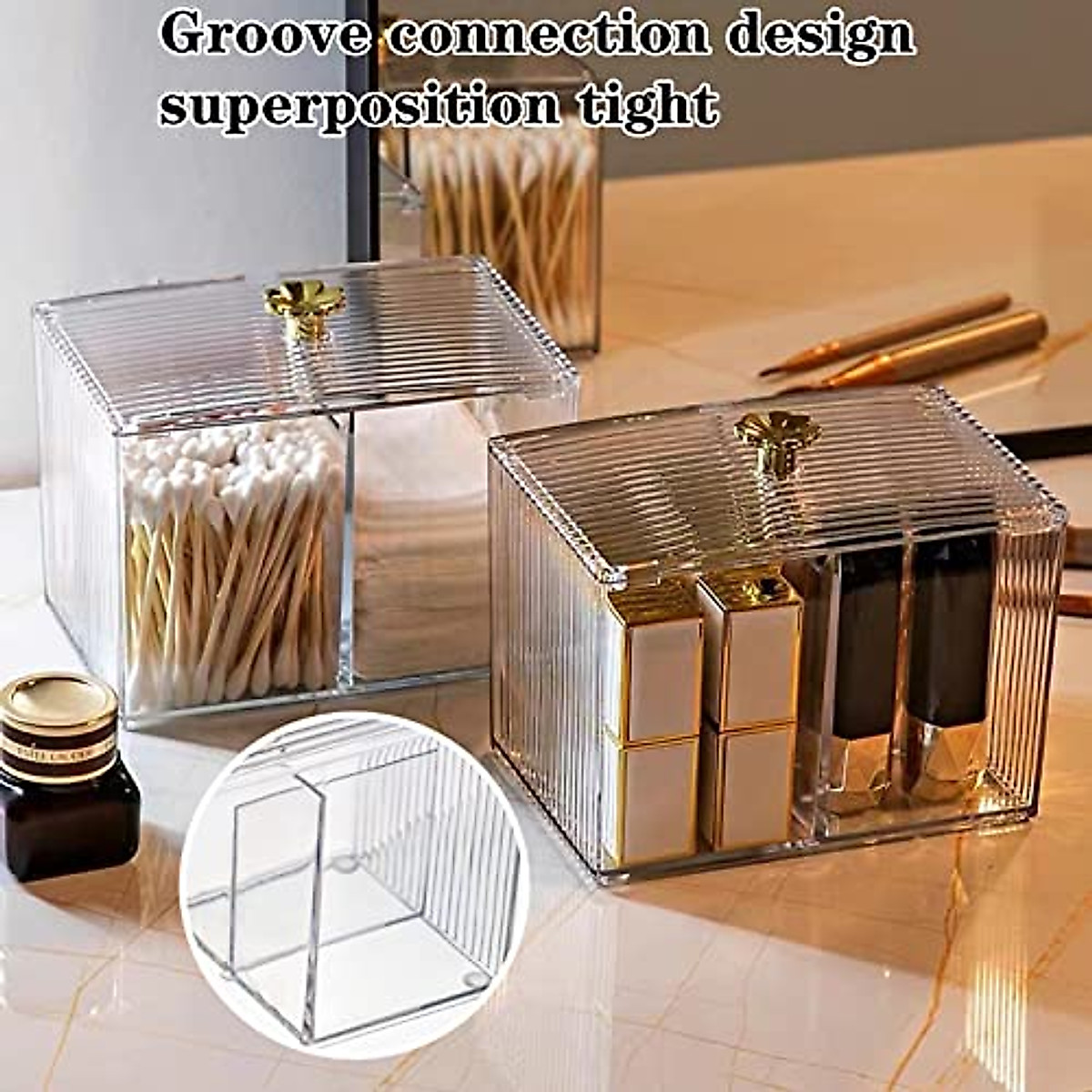 Acrylic Qtip Holder, Cotton Swab Holder Dispenser, Bathroom Jars with Lids Set for Cotton Ball, Cotton Swab, Cotton Round Pads, Floss, Vanity Organizers and Storage (#1)