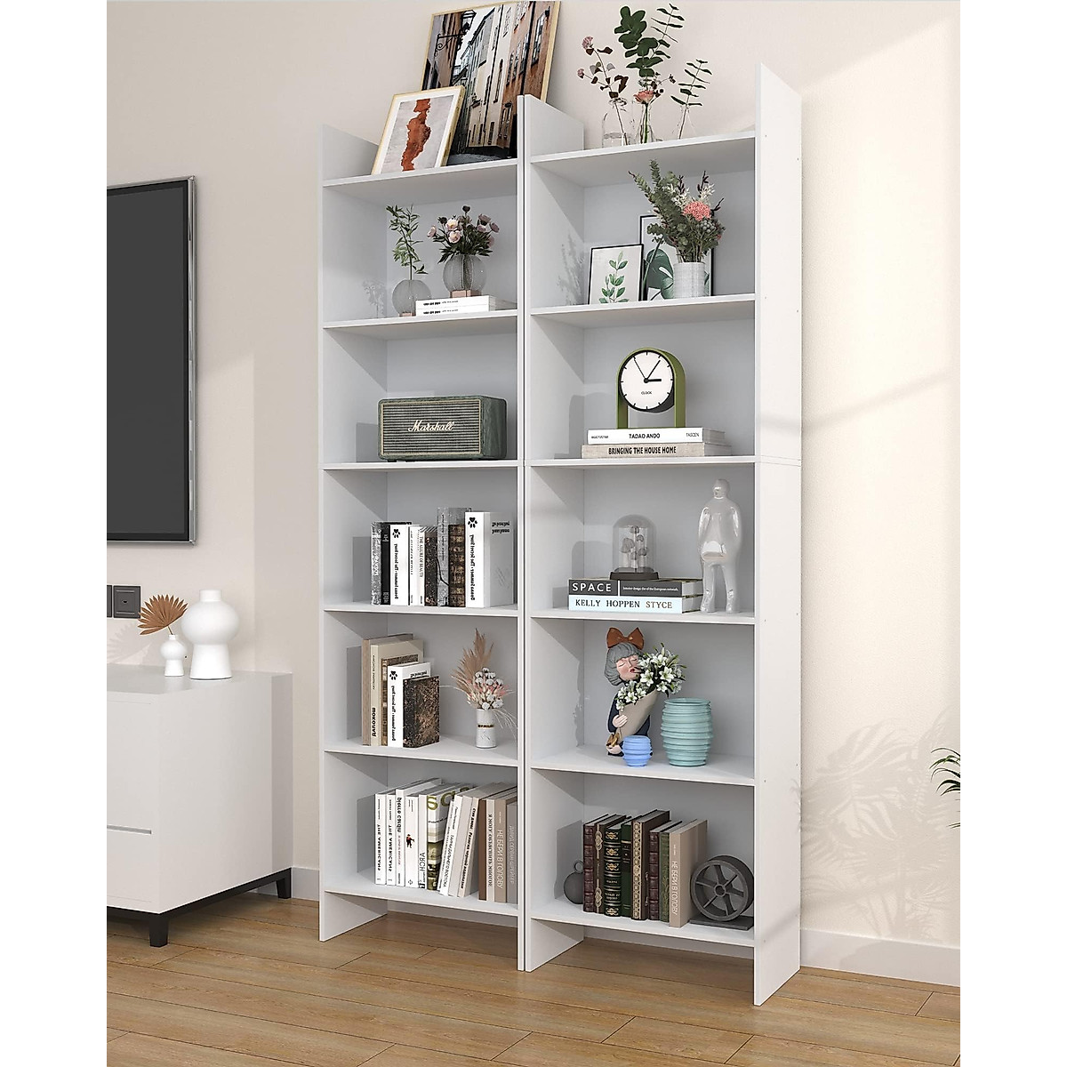 Hzuaneri 6-Tier Bookshelf, 66.9 Inches Floor Standing Bookcase, Display Storage Shelf, Corner Shelf, Home Decor Furniture for Home Office, Living Room, Bedroom, White 01103XBC