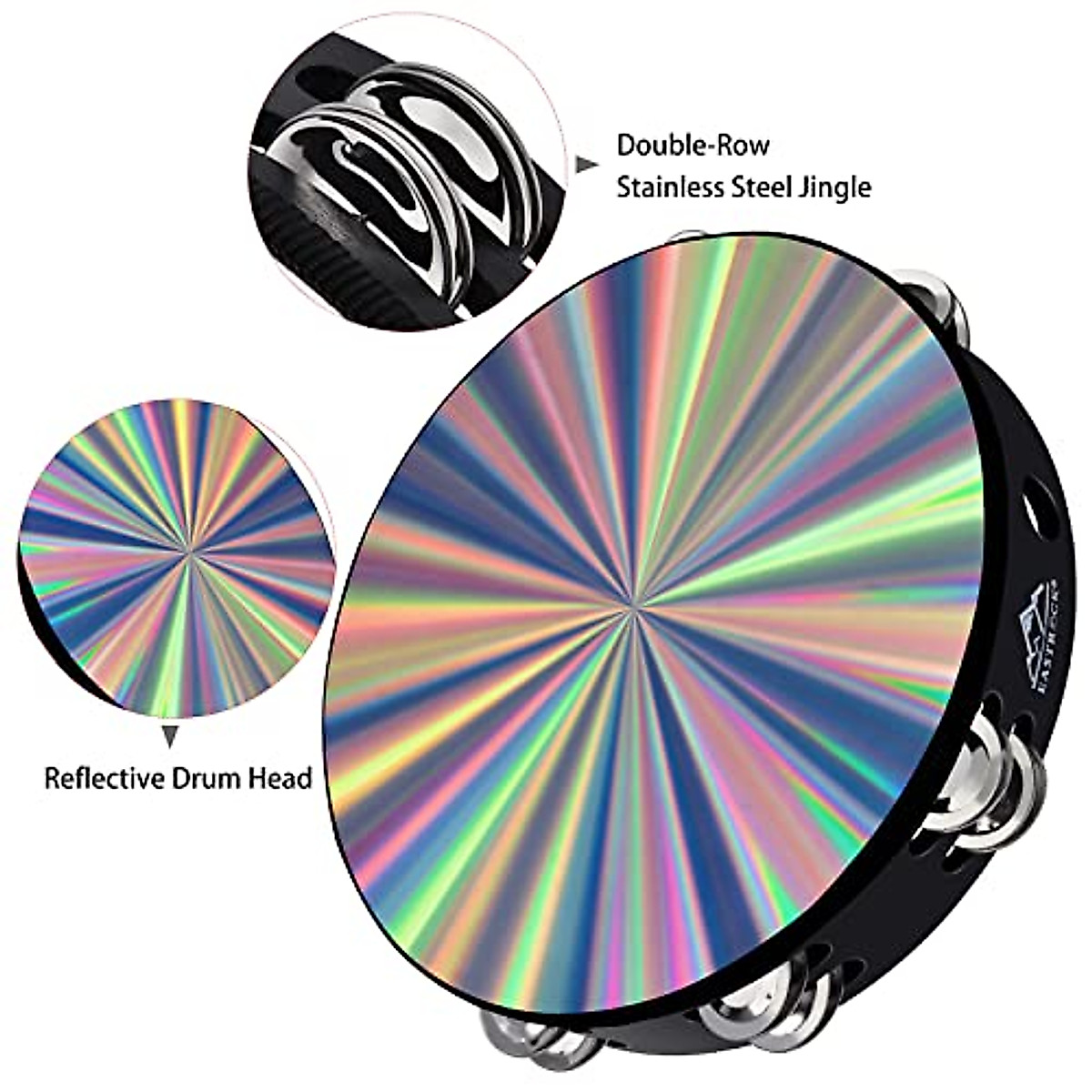 EASTROCK Radiant Tambourine Hand Held Drum 10 Inch Double Row Jingles Reflective Tambourine Musical Instrument for Kids Adults Church KTV Party