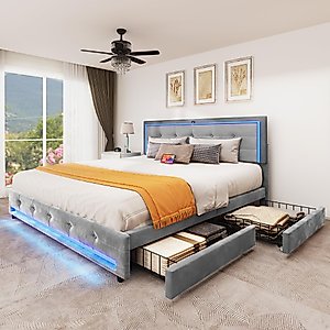 YITAHOME Queen Size LED Bed Frame, Storage Bed Frame with 4 Drawers & USB Ports, Upholstered Platform Bed with Velvet Headboard, Footboard and Built-in LED lights, No Box Spring Needed, Gray