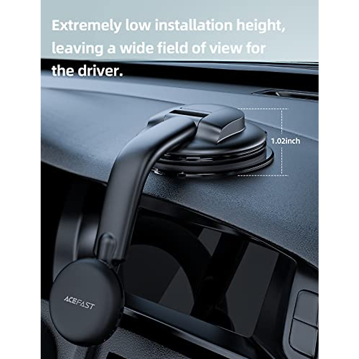 ACEFAST Magnetic Phone Car Mount, Universal Phone Car Holder Low Installation Height Built-in Four N52 Super Strong Magnets Large Sticky Base Suction Cup Dashboard Windshield Flexible Installation