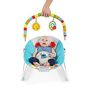 Bright Starts Sesame Street Baby Bouncer Soothing Vibrations Infant Seat - I Spot Elmo! with Cookie Monster and Big Bird - Removable-Toy Bar, 0-6 Months Up to 20 lbs