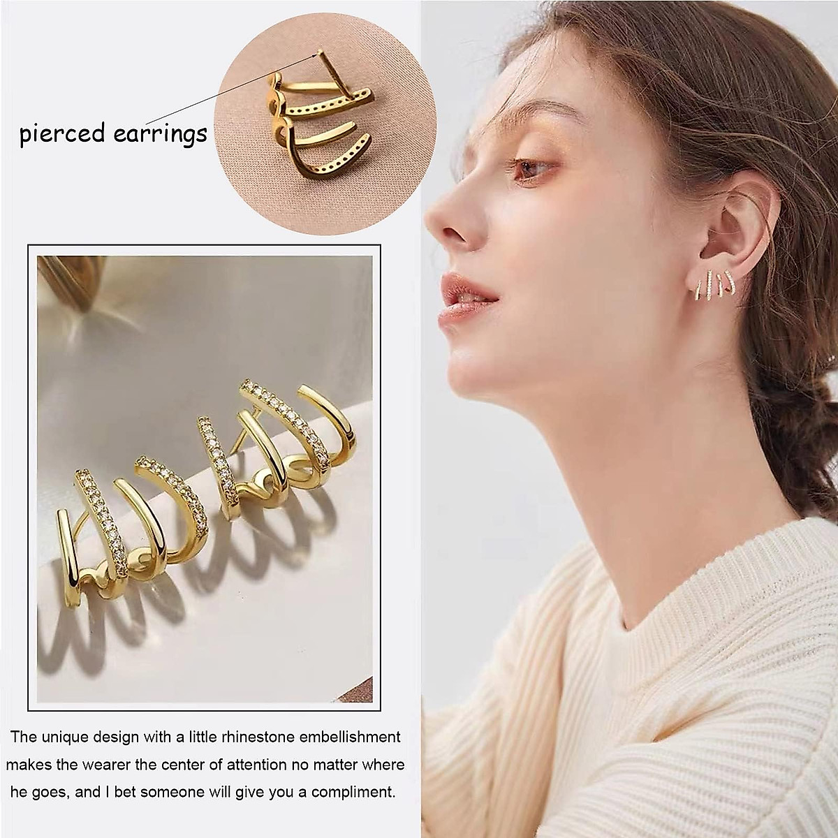 Quartet Earrings Gold Claw Earrings for Women Trendy Dainty Minimalist Huggie Needle Earrings for Womens Luxury Trendy Rhinestone Earrings Jewelry Gifts for Womens