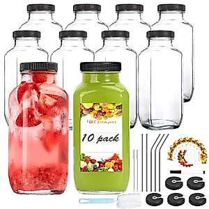 Ruckae 16oz 10pcs Glass Juice Bottles with Lids and Hole, Square Juicing Bottles Reusable Glass, Clear Glass Juicer Containers with Brush for Liquids, Juices, Smoothies, Salad Dressings, Picnics