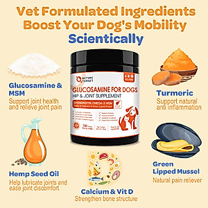 Glucosamine for Dogs, Joint Supplement for Dogs, 180 Counts, Chondroitin, Omega-3, MSM, Turmeric for Pain Relief, Dog Joint Supplement with Calcium for Bone Health, Chicken Flavored Crunchy Chews