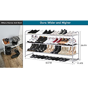 AOODA 3 Tier Long Shoe Rack for Closet Floor Wide Stackable Sneaker Shelf 24-Pairs Fabric Shoe Storage Organizer for Bedroom (Gray)