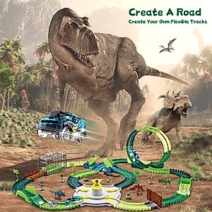 236 PCS Dinosaur Toys Race Track, Create a Dinosaur World Road,Flexible 360° Train Tracks Playset with Turntable Playset, Christmas Birthday Gifts for 3 4 5 6 7 Years Old Boys Girls Kids