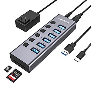 ANYOYO Powered USB 3.0 Hub 6 USB 3.0 Data Ports with SD/TF Card Readers with Individual On/Off Switches (8Ports)