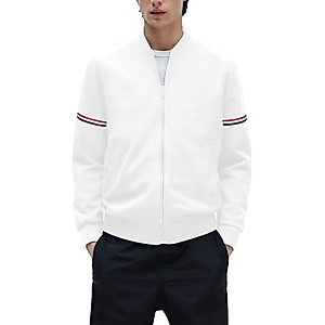 TUVEKE Men's Lightweight Jackets White Mens Bomber Jackets Spring Fall Full-Zip Polar Fleece Jacket Casual Outwear Coat XL