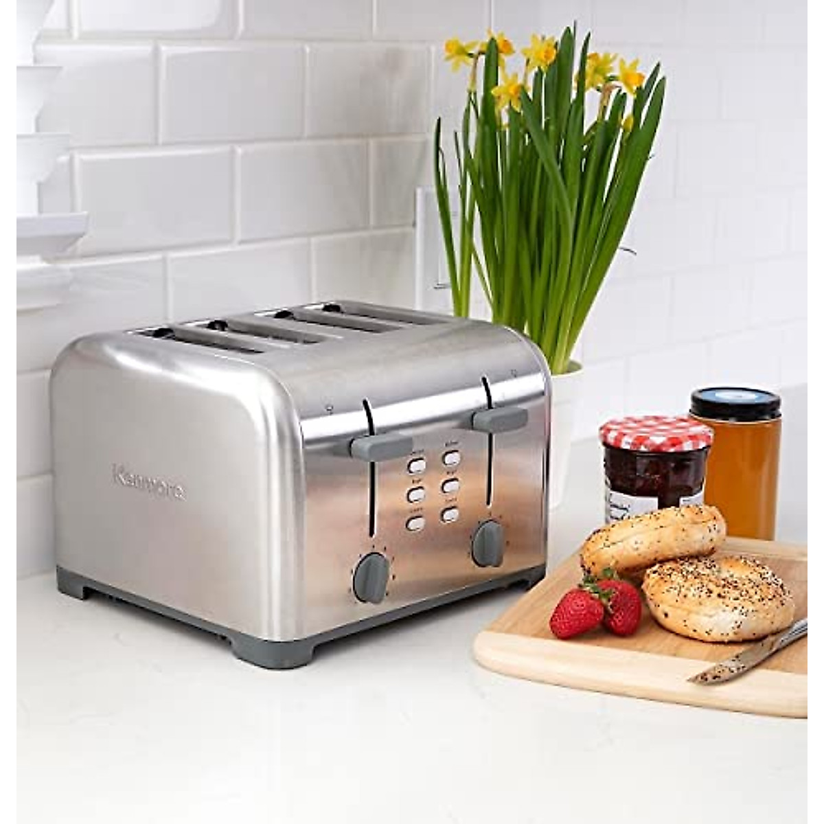 Kenmore 4-Slice Toaster, Stainless Steel, Dual Controls, Extra Wide Slots, Bagel and Defrost Functions, 9 Browning Levels, Removable Crumb Trays, for Bread, Toast, English Muffin, Toaster Strudel