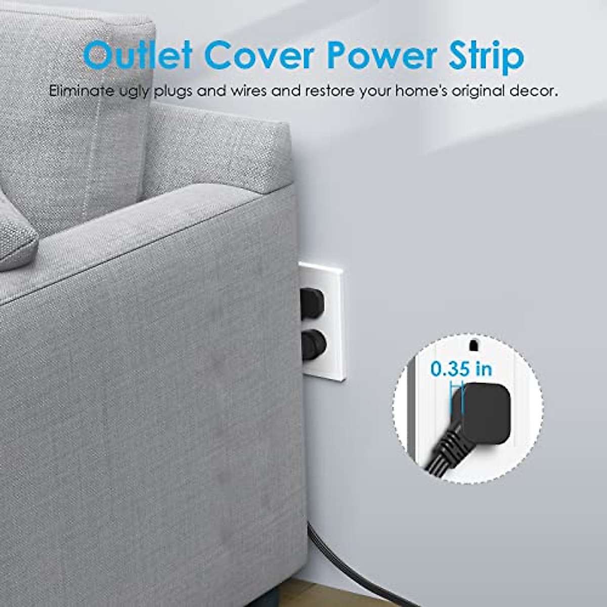 JUNNUJ Thin Flat Plug Power Strip 3 Outlet, Wall Mount Outlet 1200J Surge Protector Slim Outlet Wall Plug with 2 USB Ports, Ultra Plug Thin Socket with 5ft 45 Degrees Right Angle Flat Plug Cord