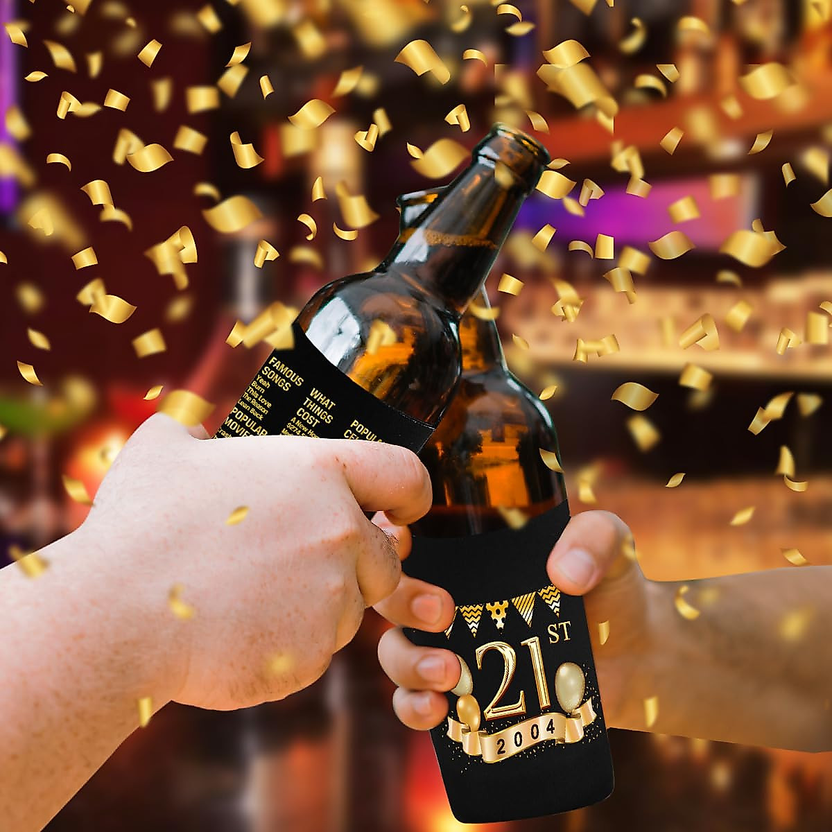 21st Birthday Can Cooler Sleeves Pack of 12- 21st Anniversary Decorations- 2002 Sign - 21st Birthday Party Supplies - Black and Gold the Twenty-First Birthday Cup Coolers