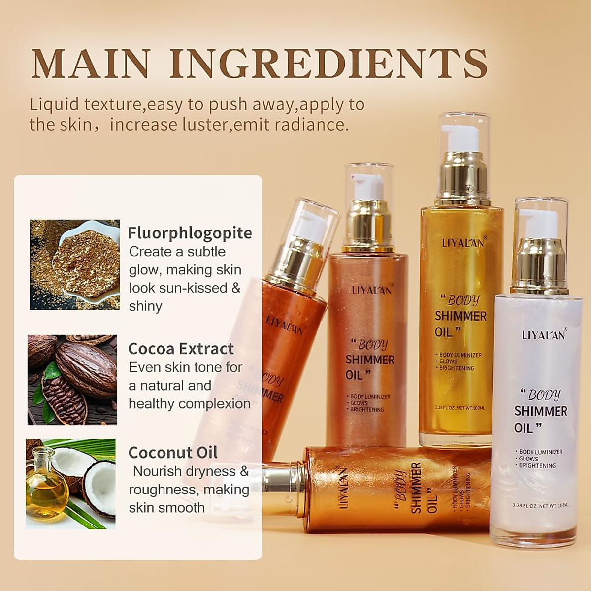 Liyalan Shimmer Body Oil Golden Brown 5 Color Bronze Face Glow Pearl Highlighter Illuminator Body Makeup Shine Glitter Gold Liquid Taning(3.38 Fl Oz/#04)