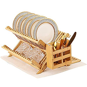 Bamboo Dish Rack, Dish Drying Rack Large, 3 Tier Bamboo Dish Holder, Collapsible Dish Drying Holder, Dish Drainer with Utensil Holder, Dish Organizer, Foldable, Large, Drying Mat included