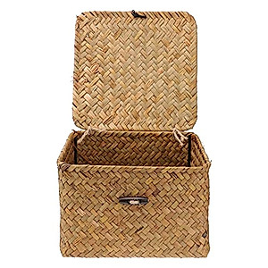 DOITOOL Straw Rattan Storage Basket With Lid Square Wicker Storage Bins Tea Storage Box With Cover Organizer Home Decoration (Large)