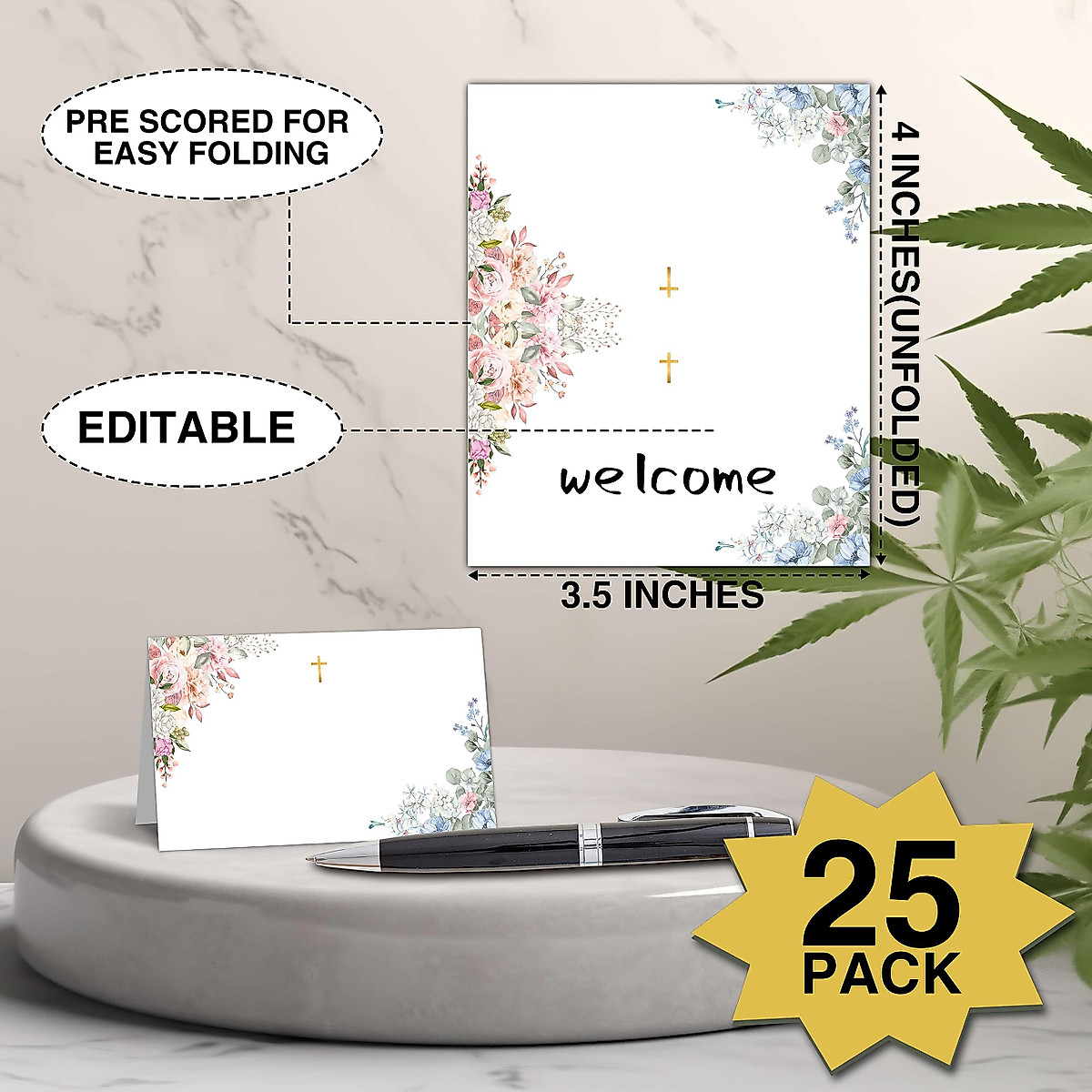 Floral Baptism Place Cards, Table Place Card for First Holy Communion Religious Party/Christening Naming Ceremony, Pink and Blue Tent Name Place Cards for Table Setting, 25 Pack(A01)