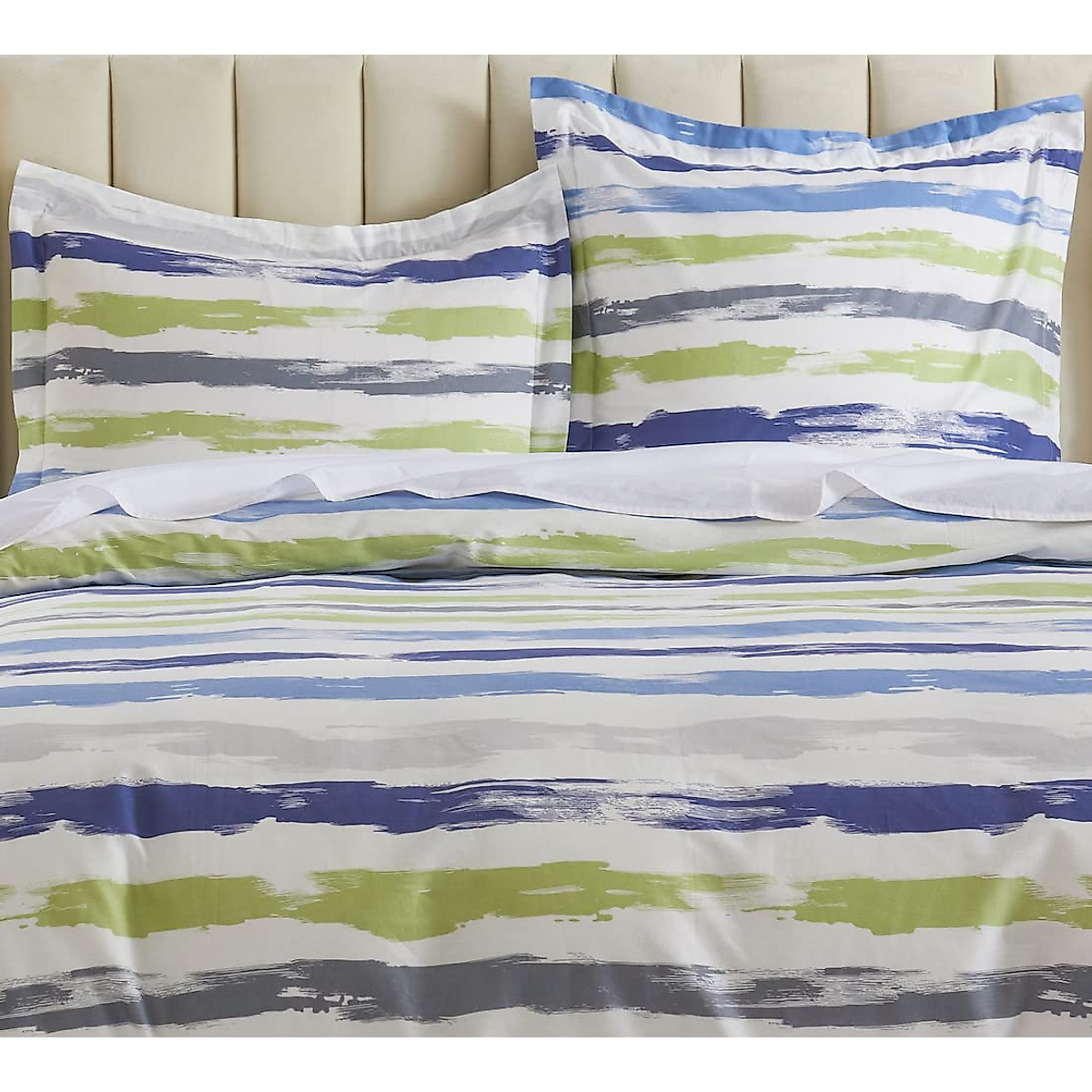 DAUAOTO Queen Size 90"X90" Duvet Cover Set, Print Cotton Teens Kids Bedding, Green Blue Striped