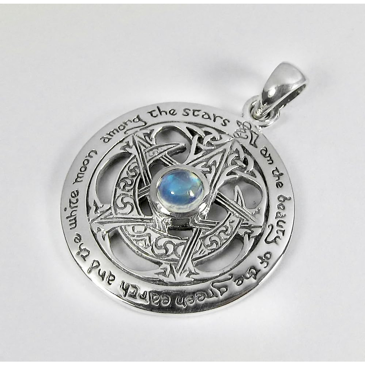 Dryad Design Wiccan Pentacle Pendant - Lunar Goddess Pendant .925 Sterling Silver Rainbow Moonstone Protection Amulet - Pagan Moon Jewelry
