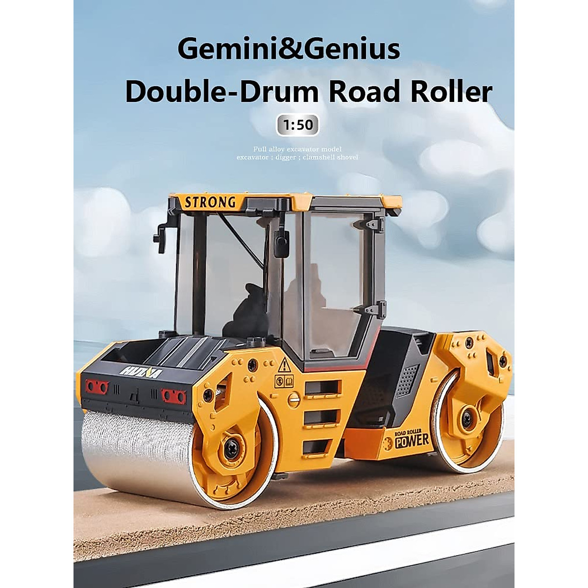 Gemini&Genius Double-Drum Road Roller Toy Construction Vehicle Toy 1/50 Scale Die-cast Grader Engineering Road Planer Vehicle, Asphalt Drum Compactor Alloy Model Toys and Collections for Kids
