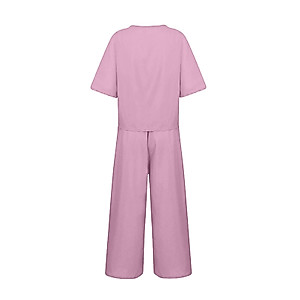 ZDRZK Return Pallets Two Piece Pajama Set For Women Linen Sets For Women 2 Piece Summer Loose Comfy Short Sleeve Crop Top Tshirt Wide Leg Pants Set Matching Lounge Sets Pink M