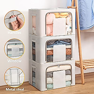 FAikhom 3 Pack Stackable Storage Bins- Foldable Metal Frame Storage Box Oxford Fabric Stackable Clothes Container Organizer with clear Window & Carry Handles (22L, Grey)