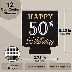 12-Pack 50 and Fabulous Birthday Decorations and Supplies for Women and Men, Black and Gold Insulated Neoprene Can Cooler Sleeve Party Favor for 12 oz Soda, Beer, Beverages (2.5x4 in)