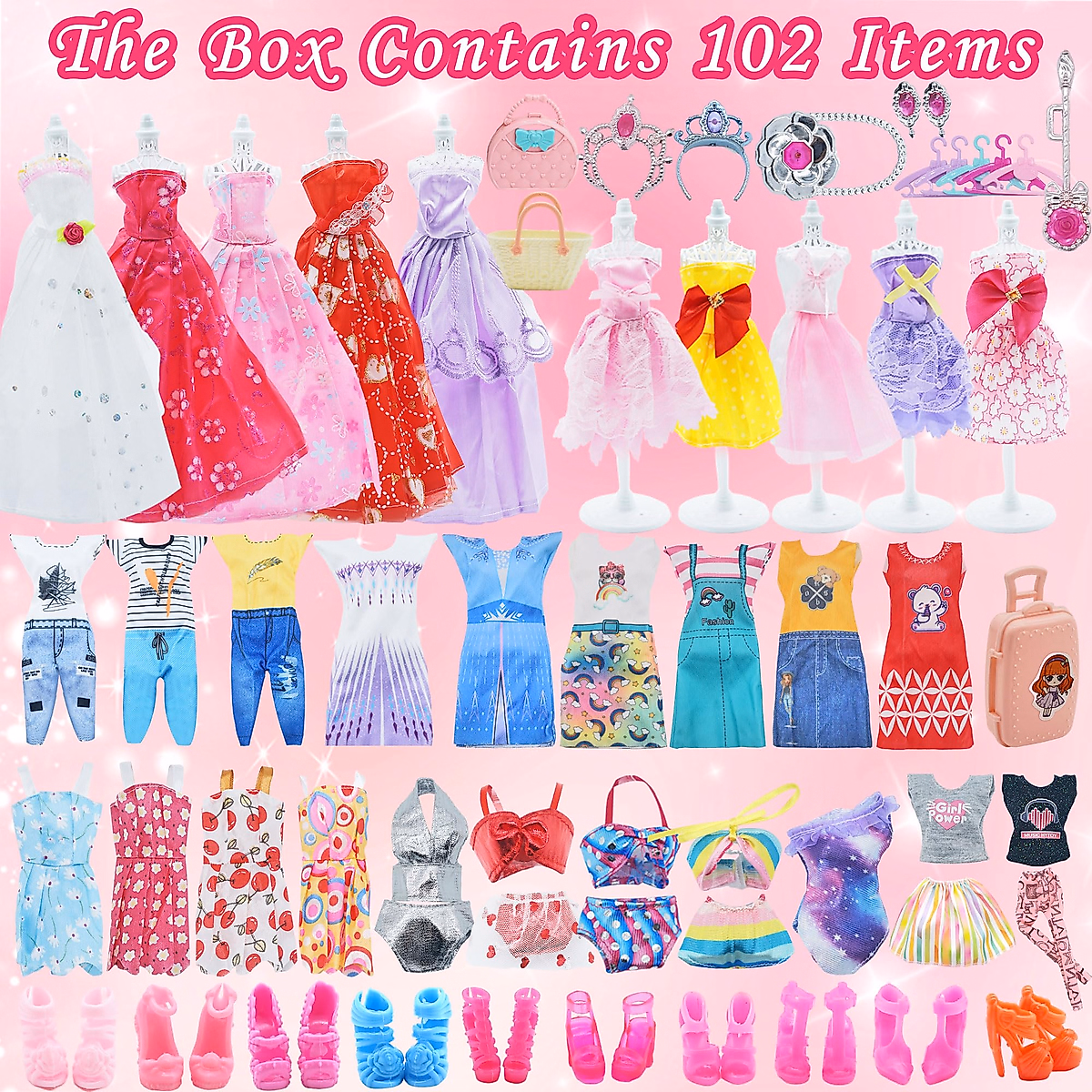 Doll Clothes Closet and Accessories - Baby Doll Wardrobe with 102 Pcs 11.5 Inch Kids Dolls Colthes Toy Included Wedding Dress, Dress Outfits Tops,Christmas & Birthday Gifts for Girls Age 5 6 7 8 9 10