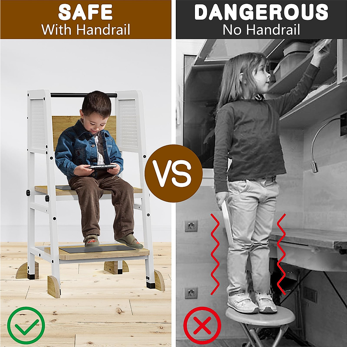 YAKANJ Toddler Standing Tower,Toddler Kitchen Stool Helper,Step Stool for Toddler Kids,Wooden Standing Tower with Adjustable Height,Anti-Slip Protection,Safety Belt-Wood