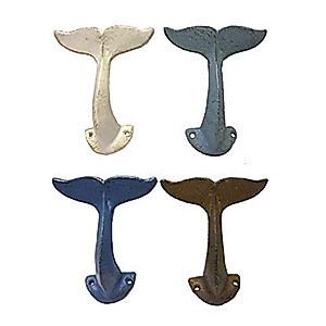 Birsppy Set of Four Nautical Whale Tail Wall Hooks - Distressed Finishes