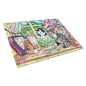 Caroline's Treasures CDCO0325LCB Cats Just Looking in the fish bowl Glass Cutting Board Large Decorative Tempered Glass Kitchen Cutting and Serving Board Large Size Chopping Board