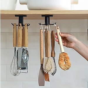 DEPAOTLUX 2pcs Under Cabinet Kitchen Utensils Hooks, 360 °Rotation Utility Hooks,Under Cabinet Adhesive Kitchen Hanging Storage Rack for Kitchen Utensils Tools(Black)