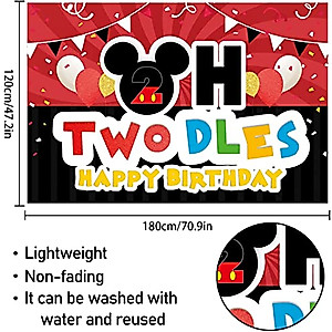 Oh Twodles Backdrop Banner Red and Black Cartoon Happy 2nd Birthday Theme Party Decorations Cheer to Two Years Old Photography Background Supplies for Boys Girls