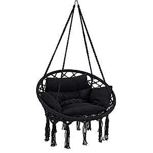 KROFEM Macrame Hammock Hanging Swinging Chair, Perfect for Bedroom, Porch, Kids, Adults, Balcony with Thick Cushion Black (Ceiling Mounting Hardware Not Included)