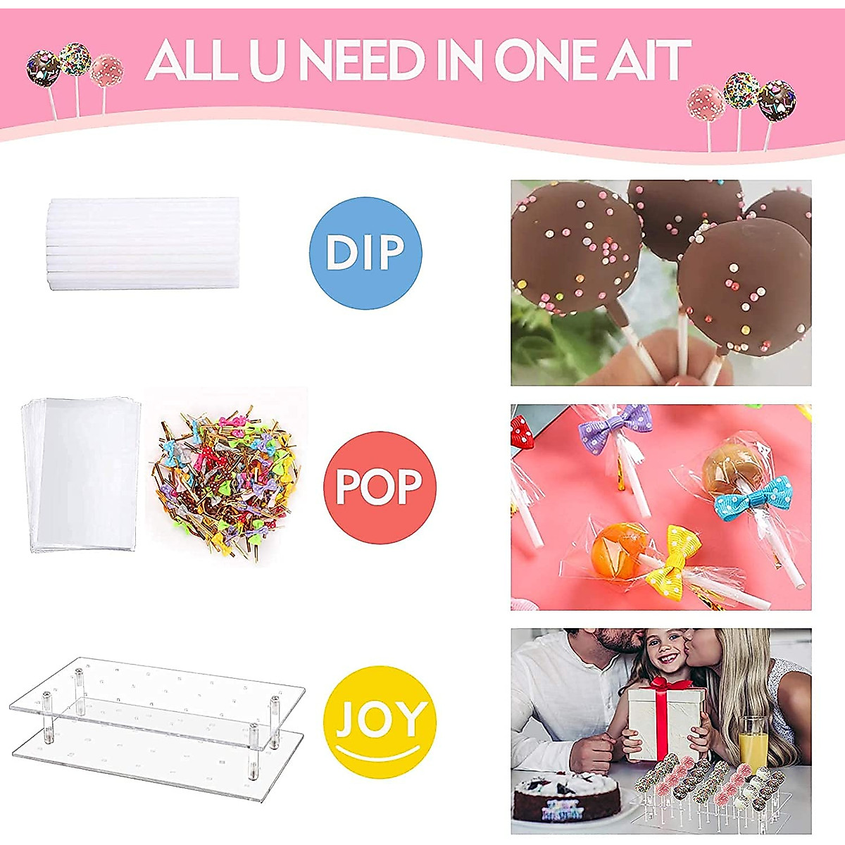 302 Pcs Cake Pop Maker Kit,Subesty Cake Pop Baking Mold with 1 Acrylic Lollipop Holder,1 Silicone Mold Set,100 Pcs Clear Bags,100 Pcs Treat Sticks,100 Pcs Gold bow Ties