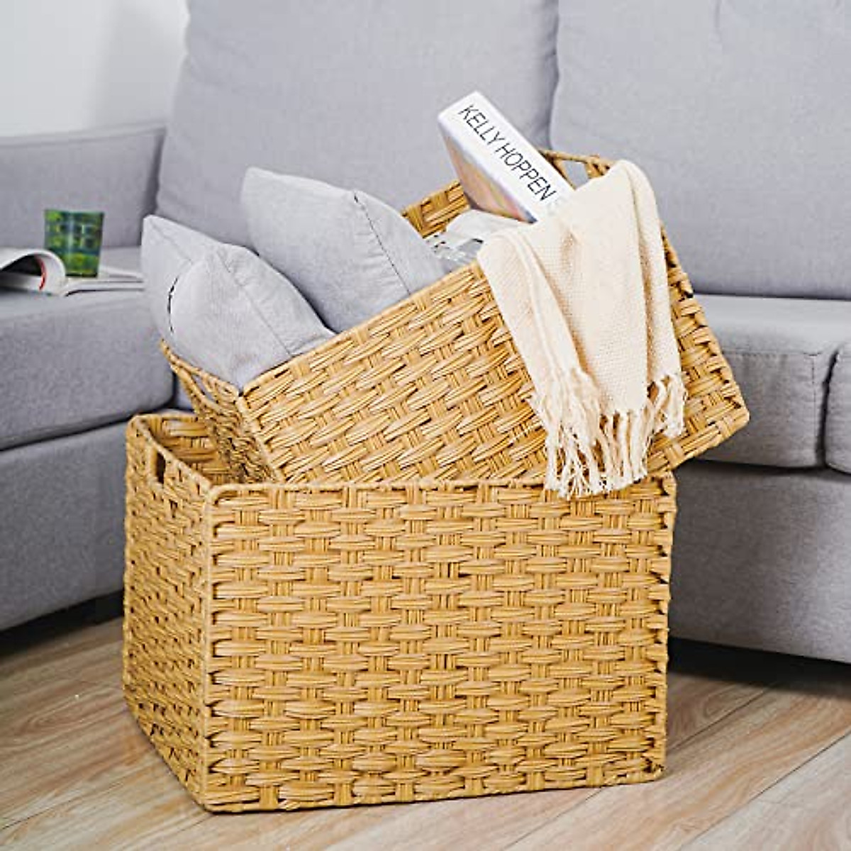 Wicker Baskets with Carrying Handles Foldable Handwoven Cube Storage Basket Bin Rectangular Open Storage Bins,Set of 2